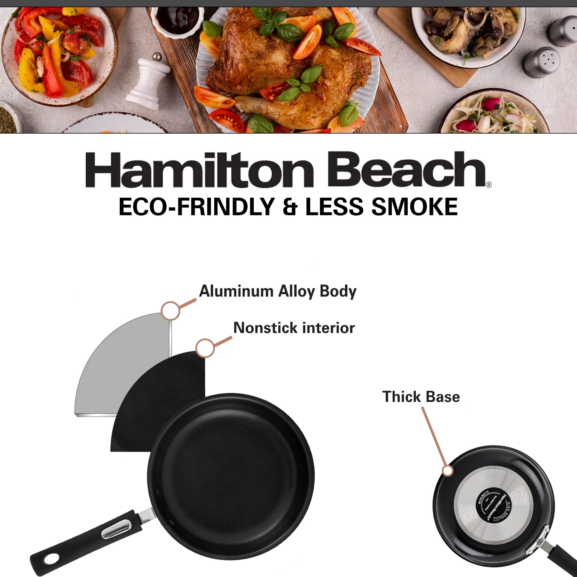 Hamilton Beach Nonstick Interior Aluminum Fry Pan Set - Spiral Bottom - Flared Edge and Scratch Resistant Pan - Soft Touch Bakelite Handle, Suitable for Kitchen Pans, Dishwasher Safe| 2pc Black |