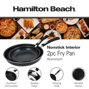 Hamilton Beach Nonstick Interior Aluminum Fry Pan Set - Spiral Bottom - Flared Edge and Scratch Resistant Pan - Soft Touch Bakelite Handle, Suitable for Kitchen Pans, Dishwasher Safe| 2pc Black |