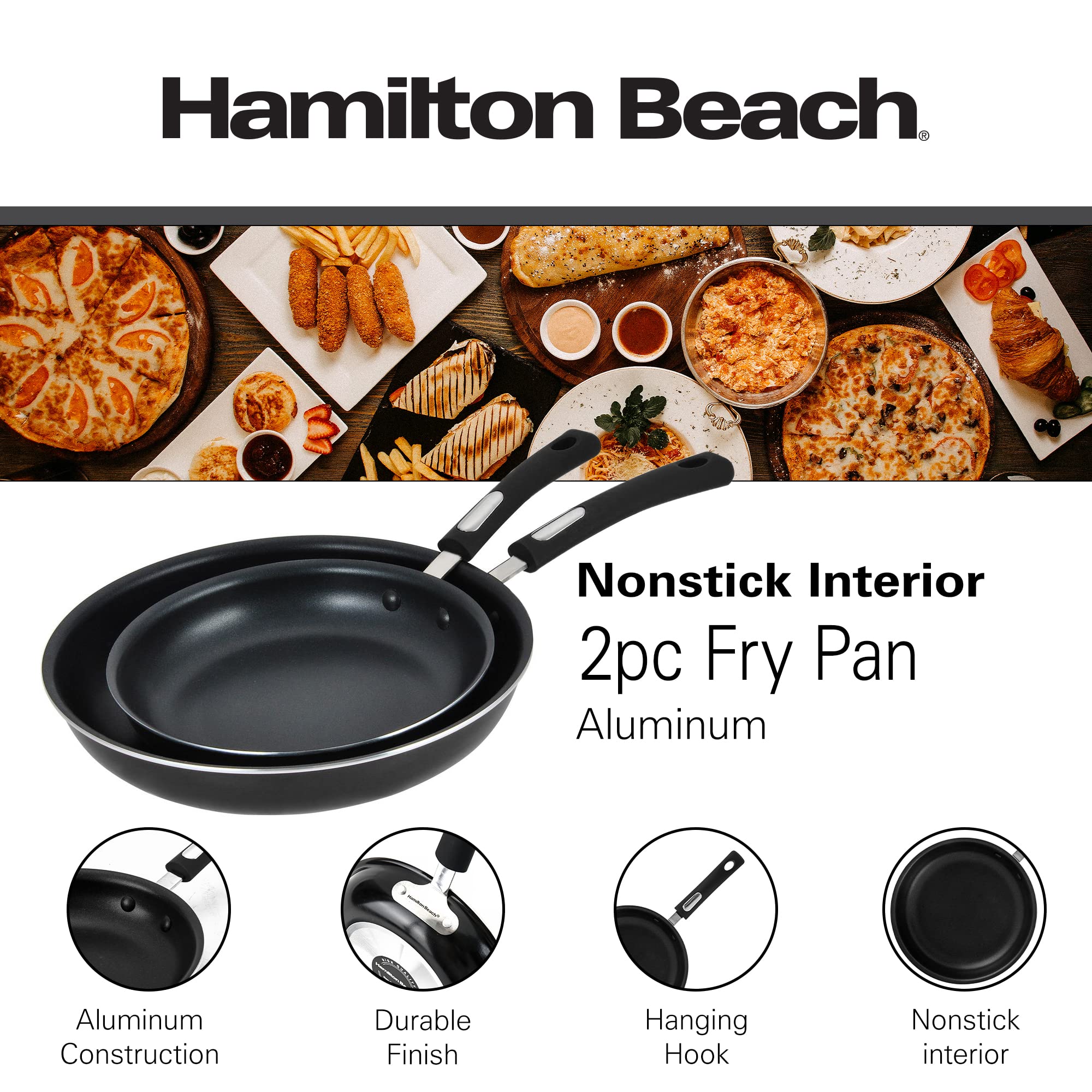 Hamilton Beach Nonstick Interior Aluminum Fry Pan Set - Spiral Bottom - Flared Edge and Scratch Resistant Pan - Soft Touch Bakelite Handle, Suitable for Kitchen Pans, Dishwasher Safe| 2pc Black |