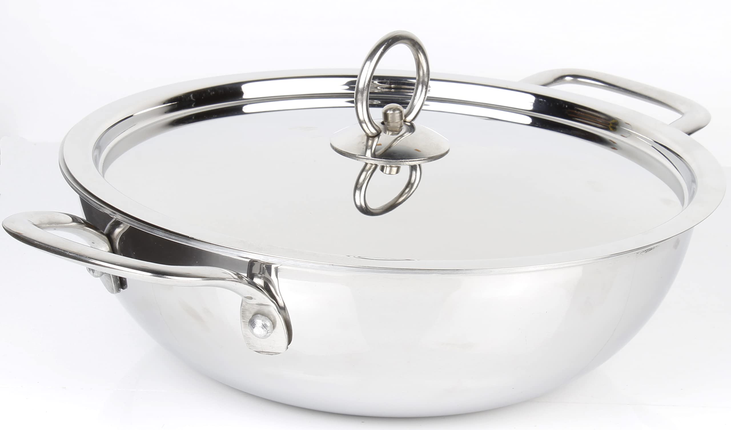 Triply Stainless Steel Kadai with Steel Lid | Everyday Pan, Stir Fry Pan with Triply Base, Saute Chef’s Pan with Glass Lid, Multipurpose Stewpot Skillet, Diameter: 24 cm, Capacity: 2.5 L (2.64 Quart)