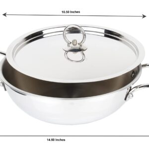 Triply Stainless Steel Kadai with Steel Lid | Everyday Pan, Stir Fry Pan with Triply Base, Saute Chef’s Pan with Glass Lid, Multipurpose Stewpot Skillet, Diameter: 24 cm, Capacity: 2.5 L (2.64 Quart)