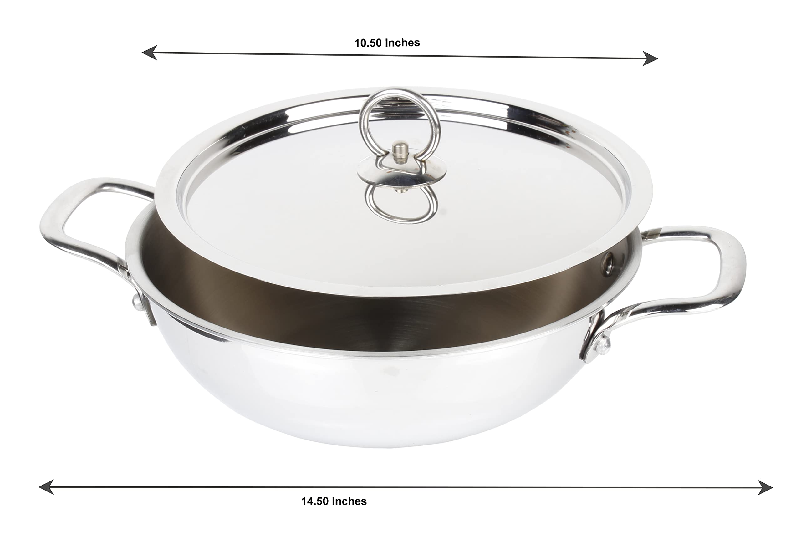 Triply Stainless Steel Kadai with Steel Lid | Everyday Pan, Stir Fry Pan with Triply Base, Saute Chef’s Pan with Glass Lid, Multipurpose Stewpot Skillet, Diameter: 24 cm, Capacity: 2.5 L (2.64 Quart)