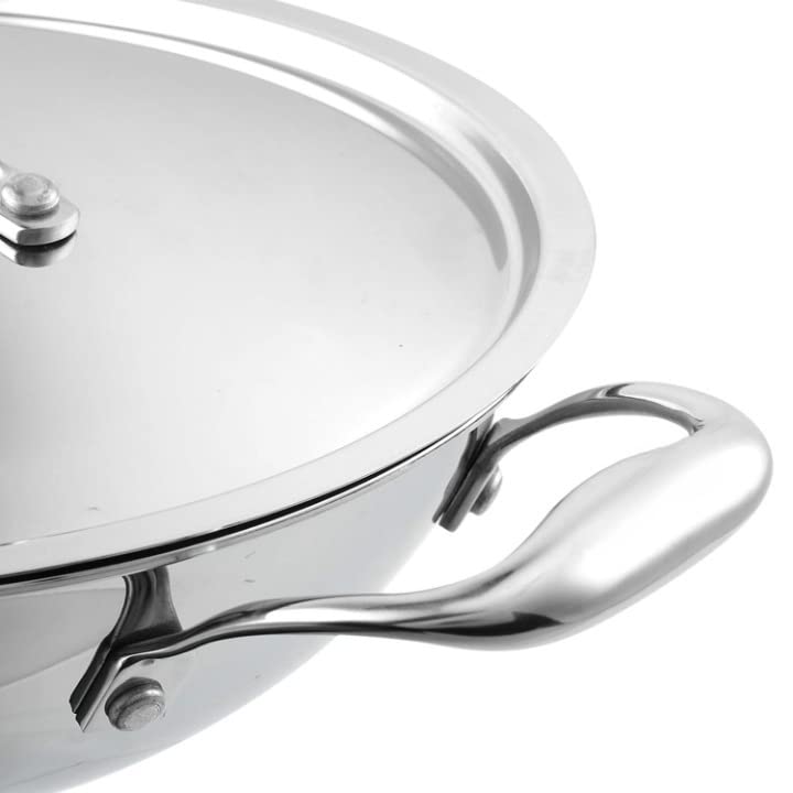 Triply Stainless Steel Kadai with Steel Lid | Everyday Pan, Stir Fry Pan with Triply Base, Saute Chef’s Pan with Glass Lid, Multipurpose Stewpot Skillet, Diameter: 24 cm, Capacity: 2.5 L (2.64 Quart)