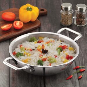 Triply Stainless Steel Kadai with Steel Lid | Everyday Pan, Stir Fry Pan with Triply Base, Saute Chef’s Pan with Glass Lid, Multipurpose Stewpot Skillet, Diameter: 24 cm, Capacity: 2.5 L (2.64 Quart)