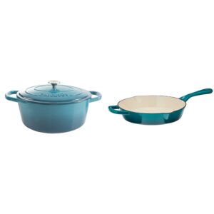 crock-pot artisan oval enameled cast iron dutch oven (7-quart) and skillet (10 inch) bundle, teal ombre