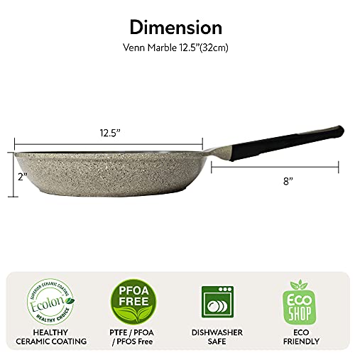 Neoflam Venn 12.5'' Ceramic Coating Nonstick Frying Pan Skillet, Omelet Pan, PFOA Free Healthy Extra Large Stone Cookware for Everyday Kitchen Cooking, Dishwasher Safe, Marble