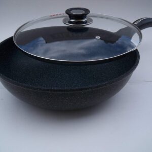 M.V. Trading Ceramic Marble Coated Cast Aluminium Non Stick Stir Fry Wok With Glass Lid, 32 cm