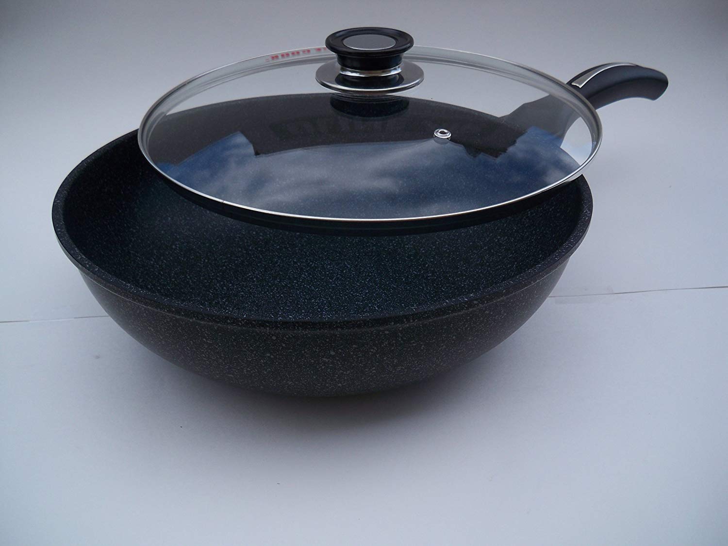 M.V. Trading Ceramic Marble Coated Cast Aluminium Non Stick Stir Fry Wok With Glass Lid, 32 cm