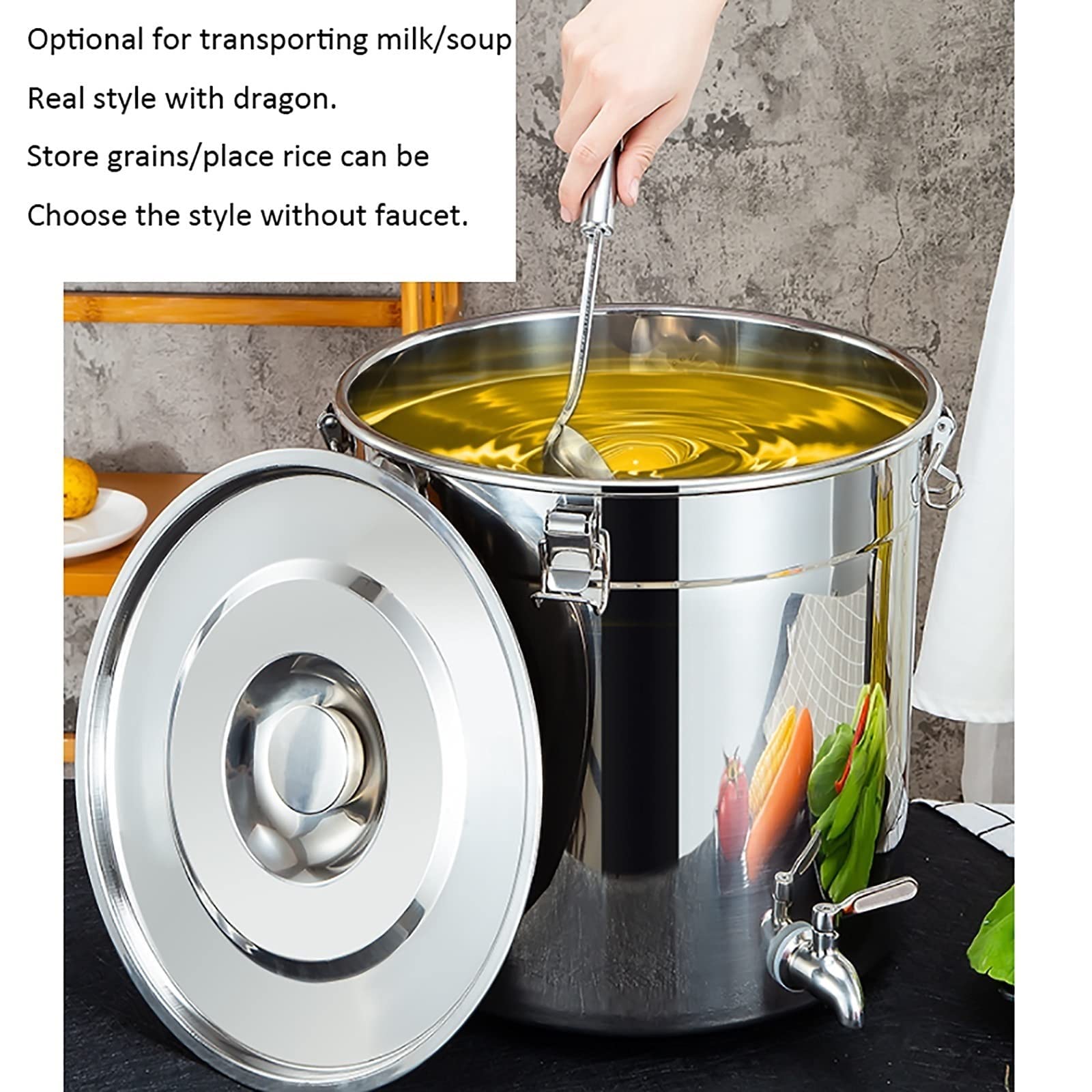 Stock Pot - Soup Pot With Lid, Stock Pot, 201 Stainless Steel Soup Bucket/Sealed Bucket/Transportation Bucket, Wine Tank With Tap, For Water Milk Tea Milk Storage Bucket (Size : 34L)