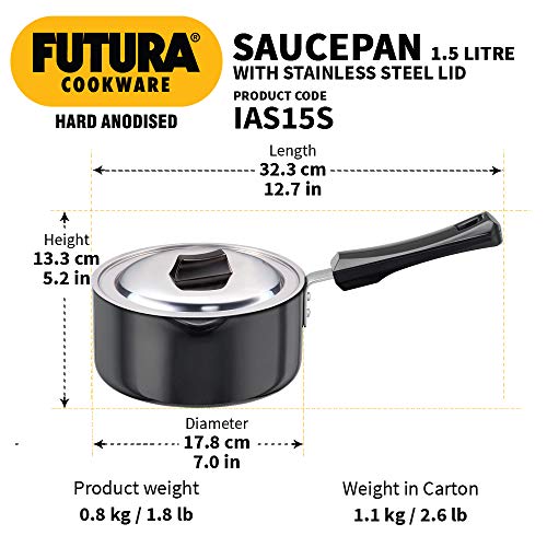 Hawkins Futura Hard Anodised Induction Compatible Saucepan with Stainless Steel Lid, Capacity 1.5 Litre, Diameter 16 cm, Thickness 3.25 mm, Black (IAS15S)