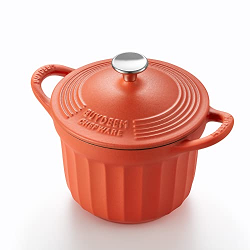 BUYDEEM 1.9 Quart Enameled Dutch Oven, Pleated Cast Iron Dutch Oven with Lid, Extra-Wide Handle, and 18/8 Stainless Steel Knob, Oven Safe up to 446 °F, for Cooking and Serving