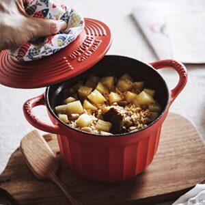 BUYDEEM 1.9 Quart Enameled Dutch Oven, Pleated Cast Iron Dutch Oven with Lid, Extra-Wide Handle, and 18/8 Stainless Steel Knob, Oven Safe up to 446 °F, for Cooking and Serving