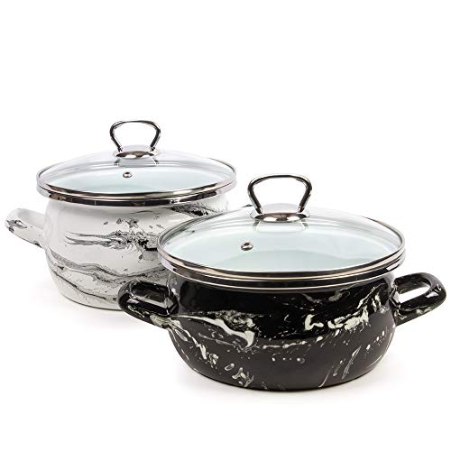 Enamel Stock Pot Shake White and Black Enamelware Pot Enamel Cooking Pot with Glass Lid (5.3-qt. (5 L))