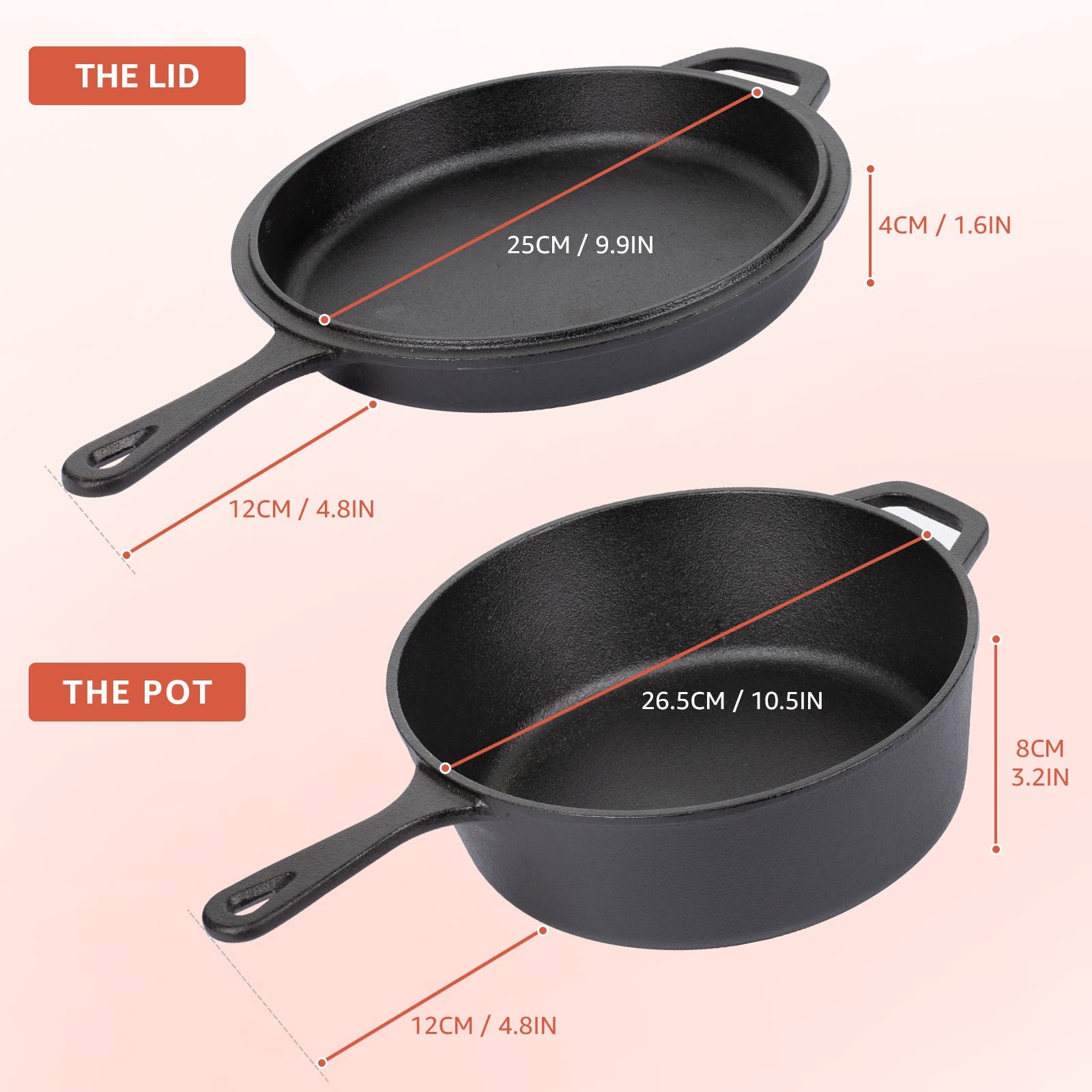 Overmont 3.2qt Cast Iron Skillets + 5qt Dutch Oven Bundle