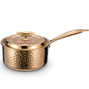 DAEDALUS 2 Quart Uncoated Nonstick Saucepan with Lid, Stainless Steel Pot Triply Hammered Copper for Cooking, Induction Saucepan Cookware for Home Kitchen Restaurant, Dishwasher Oven Safe - Gold