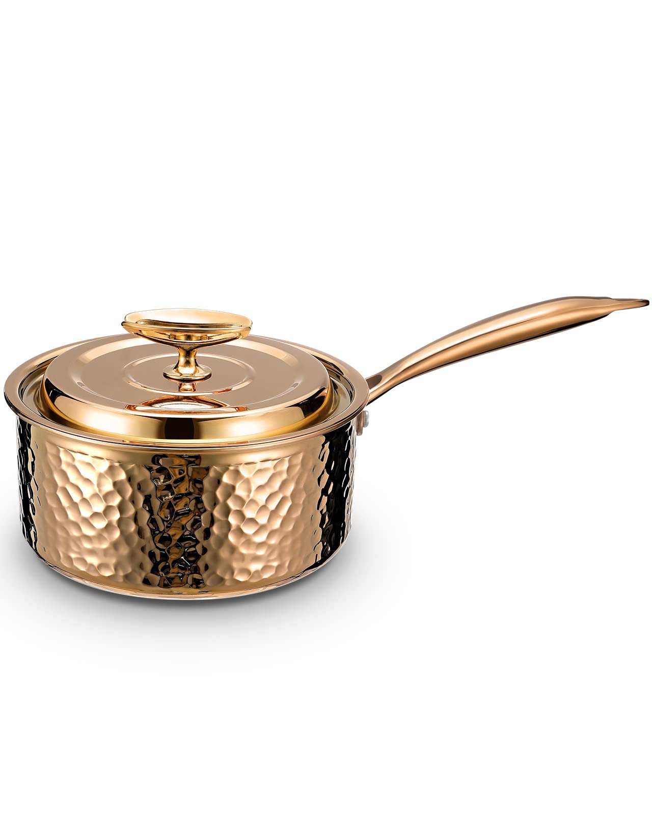 DAEDALUS 2 Quart Uncoated Nonstick Saucepan with Lid, Stainless Steel Pot Triply Hammered Copper for Cooking, Induction Saucepan Cookware for Home Kitchen Restaurant, Dishwasher Oven Safe - Gold