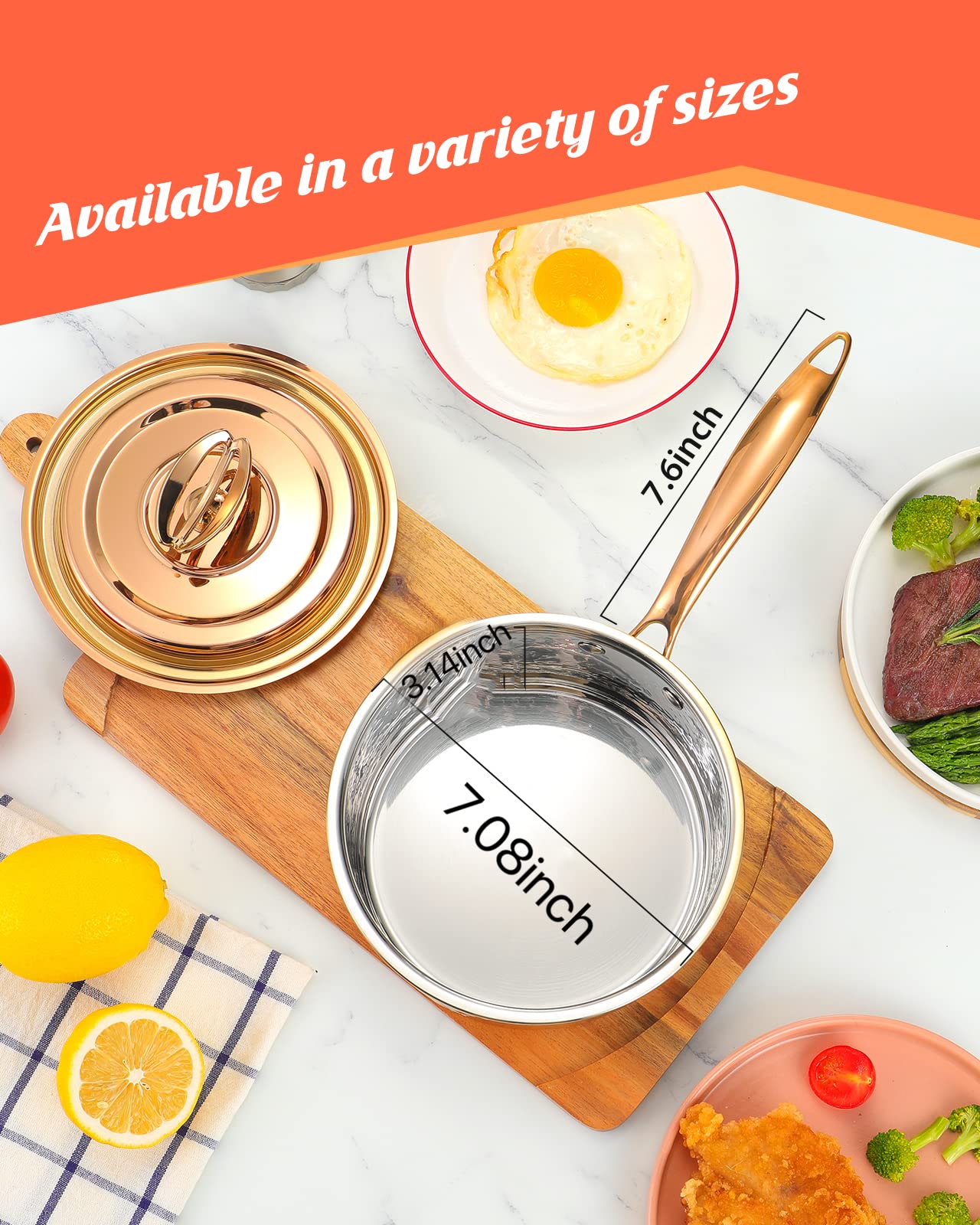 DAEDALUS 2 Quart Uncoated Nonstick Saucepan with Lid, Stainless Steel Pot Triply Hammered Copper for Cooking, Induction Saucepan Cookware for Home Kitchen Restaurant, Dishwasher Oven Safe - Gold