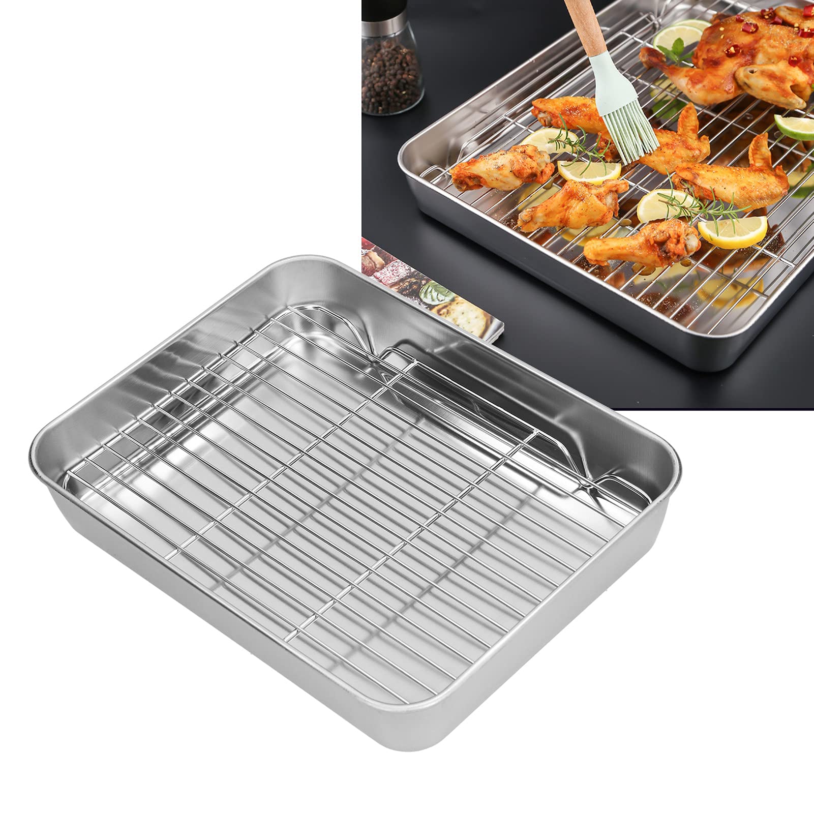 Aqur2020 Roasting Pan, Rectangular Baking Pan and Rack Stainless Steel Easy for Cooking Baking(23.5 * 17.5 * 5CM)