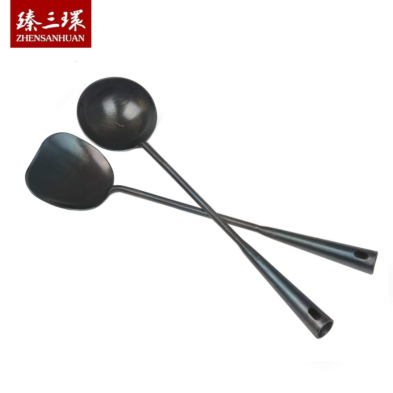 臻三环 ZhenSanHuan HandHammered Iron Wok Set, 36CM round bottom iron handle wok with a helper handle, wood lid, iron utensil set, wok shelf