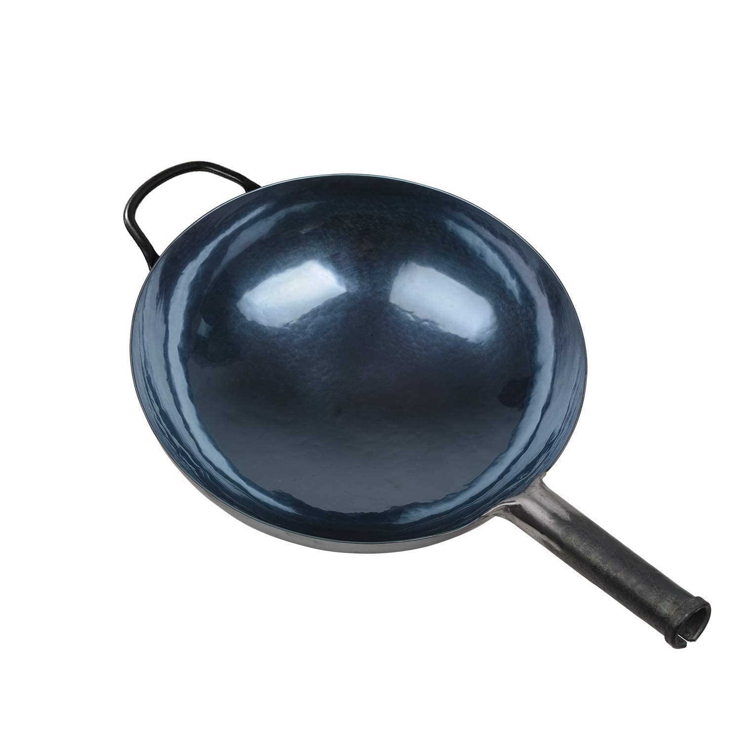 臻三环 ZhenSanHuan HandHammered Iron Wok Set, 36CM round bottom iron handle wok with a helper handle, wood lid, iron utensil set, wok shelf