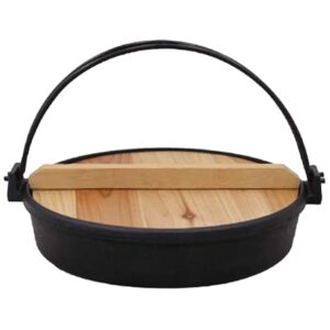 japanese style cast iron sukiyaki nabe pot set single serving shabu shabu hot pot pan with wooden lid for bbq picnic camping-7.8inch