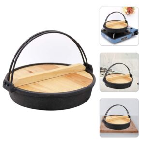 Japanese Style Cast Iron Sukiyaki Nabe Pot Set Single Serving Shabu Shabu Hot Pot Pan with Wooden Lid for BBQ Picnic Camping-7.8Inch