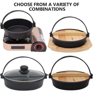 Japanese Style Cast Iron Sukiyaki Nabe Pot Set Single Serving Shabu Shabu Hot Pot Pan with Wooden Lid for BBQ Picnic Camping-7.8Inch