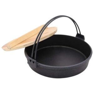 Japanese Style Cast Iron Sukiyaki Nabe Pot Set Single Serving Shabu Shabu Hot Pot Pan with Wooden Lid for BBQ Picnic Camping-7.8Inch