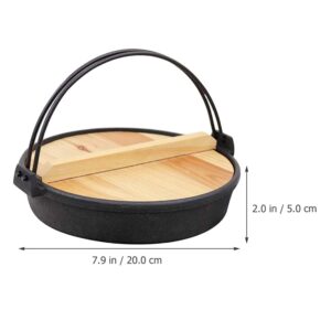 Japanese Style Cast Iron Sukiyaki Nabe Pot Set Single Serving Shabu Shabu Hot Pot Pan with Wooden Lid for BBQ Picnic Camping-7.8Inch