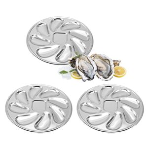 uoienrt 3 pack oyster plate, stainless steel 8 slots oyster grill pan with center slot multi-functional grill pan for oysters and scallop, sauce and lemon(silver)