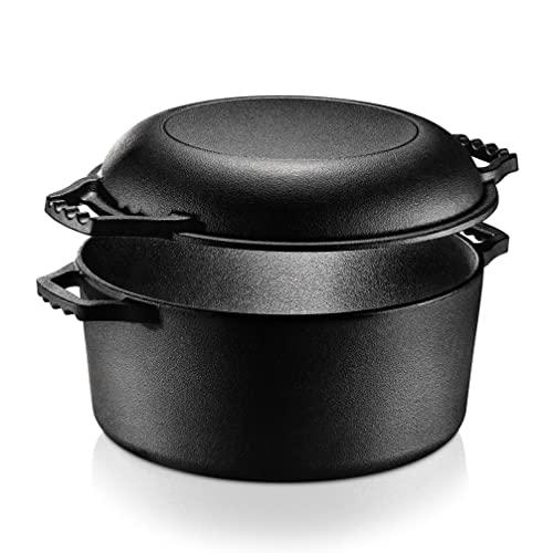 NutriChef Cast Iron Multi Cooker - Pre-Seasoned Non-Stick Double Dutch Oven Stovetop Casserole Cookware Braising Pot and Skillet Lid with Handle- For Oven, Stove, Grill, Over a Campfire Cooking