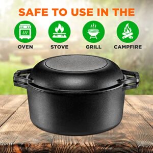 NutriChef Cast Iron Multi Cooker - Pre-Seasoned Non-Stick Double Dutch Oven Stovetop Casserole Cookware Braising Pot and Skillet Lid with Handle- For Oven, Stove, Grill, Over a Campfire Cooking