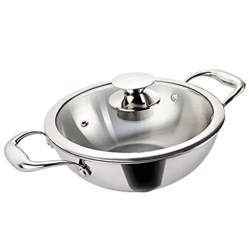 G and D Triply Stainless Steel Wok Pan With Glass Lid Tripple with Stainless Steel Deep Kadhai Cookware