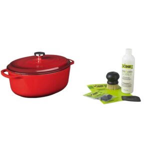 lodge ec7od43 enameled cast iron oval dutch oven, 7-quart, red & enameled cast iron and stoneware care kit, 12 oz