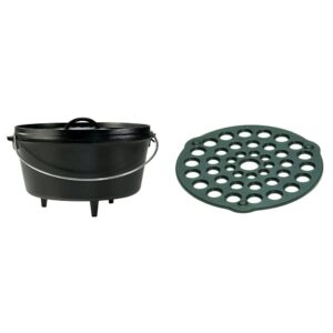 lodge seasoned cast iron dutch oven bundle - 12 inch deep camp oven, meat rack/trivet, pre-seasoned (8qt/8 inch)