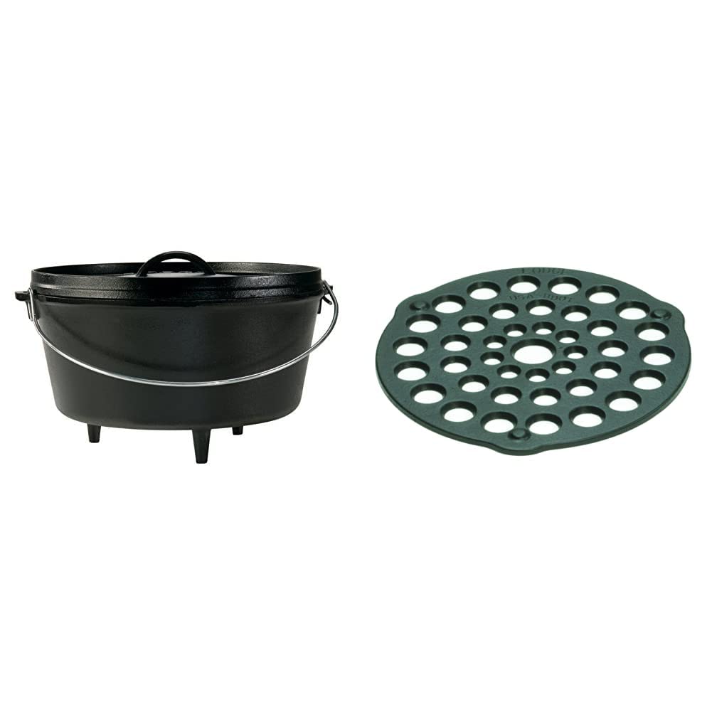 Lodge Seasoned Cast Iron Dutch Oven Bundle - 12 Inch Deep Camp Oven, Meat Rack/Trivet, Pre-Seasoned (8QT/8 inch)