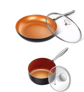 michelangelo 12 inch frying pan + 3 quart saucepan with lid, ultra nonstick coppper sauce pan with lid, ceramic nonstick saucepan and frying pan small sauce pot, copper pot and pan