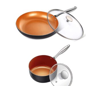 MICHELANGELO 12 Inch Frying Pan + 3 Quart Saucepan with Lid, Ultra Nonstick Coppper Sauce Pan with Lid, Ceramic Nonstick Saucepan and Frying Pan Small Sauce Pot, Copper Pot and Pan