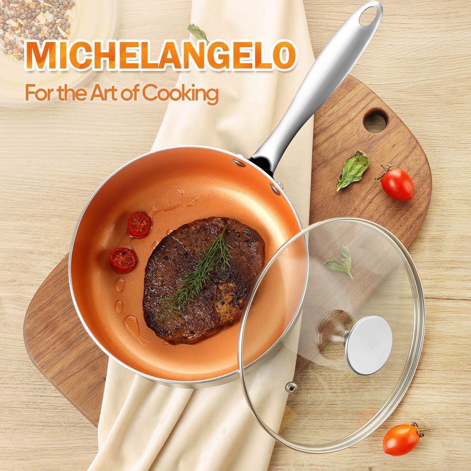 MICHELANGELO 12 Inch Frying Pan + 3 Quart Saucepan with Lid, Ultra Nonstick Coppper Sauce Pan with Lid, Ceramic Nonstick Saucepan and Frying Pan Small Sauce Pot, Copper Pot and Pan