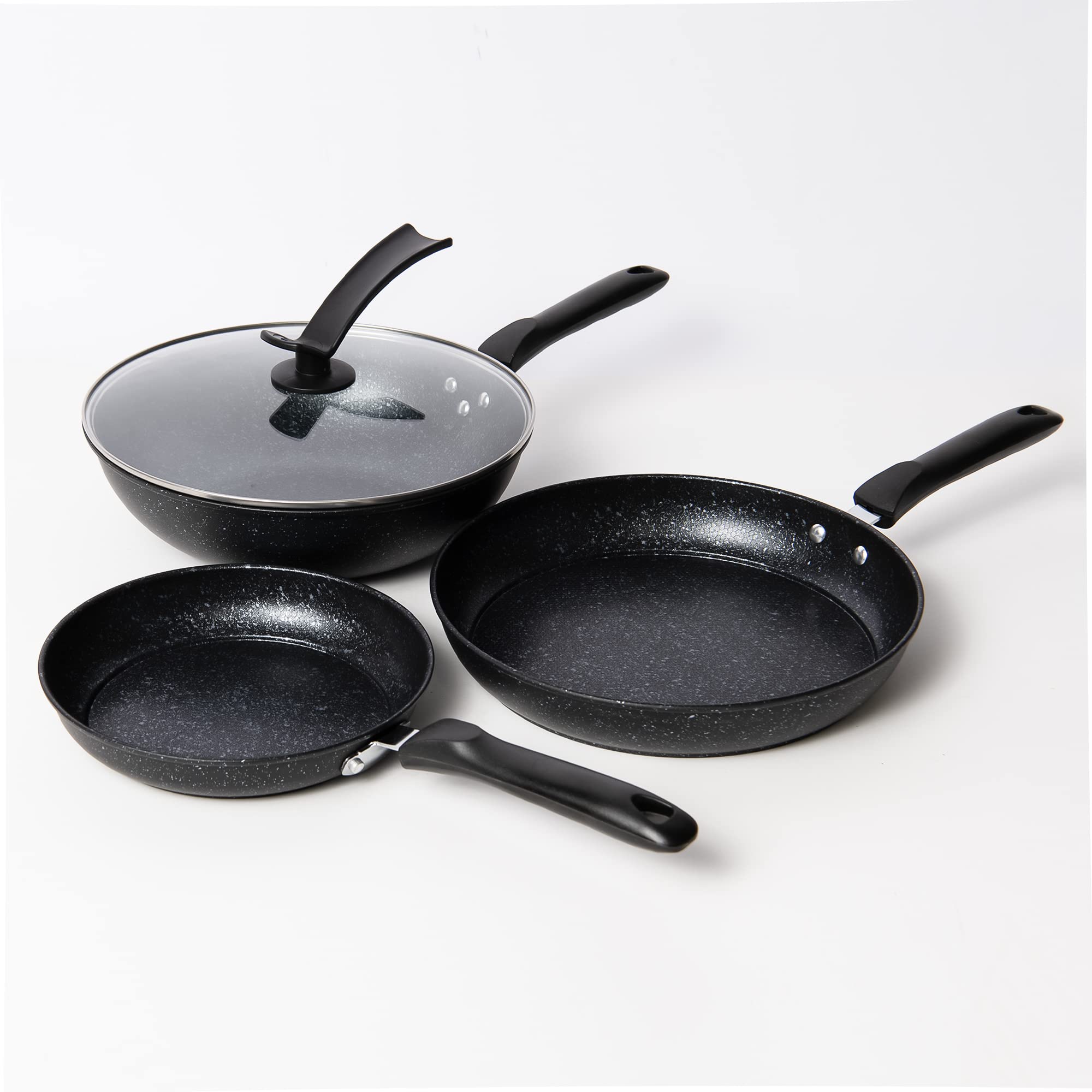 DURANITRO 4 Piece Nitrogen-Hardened Honeycomb Nonstick Carbon Steel 8” and 12” Frying Pans, 12” Wok, and 12” Glass Lid Cookware Set – Easy to Clean, Suitable for All Stovetops- GIFT INCLUDED