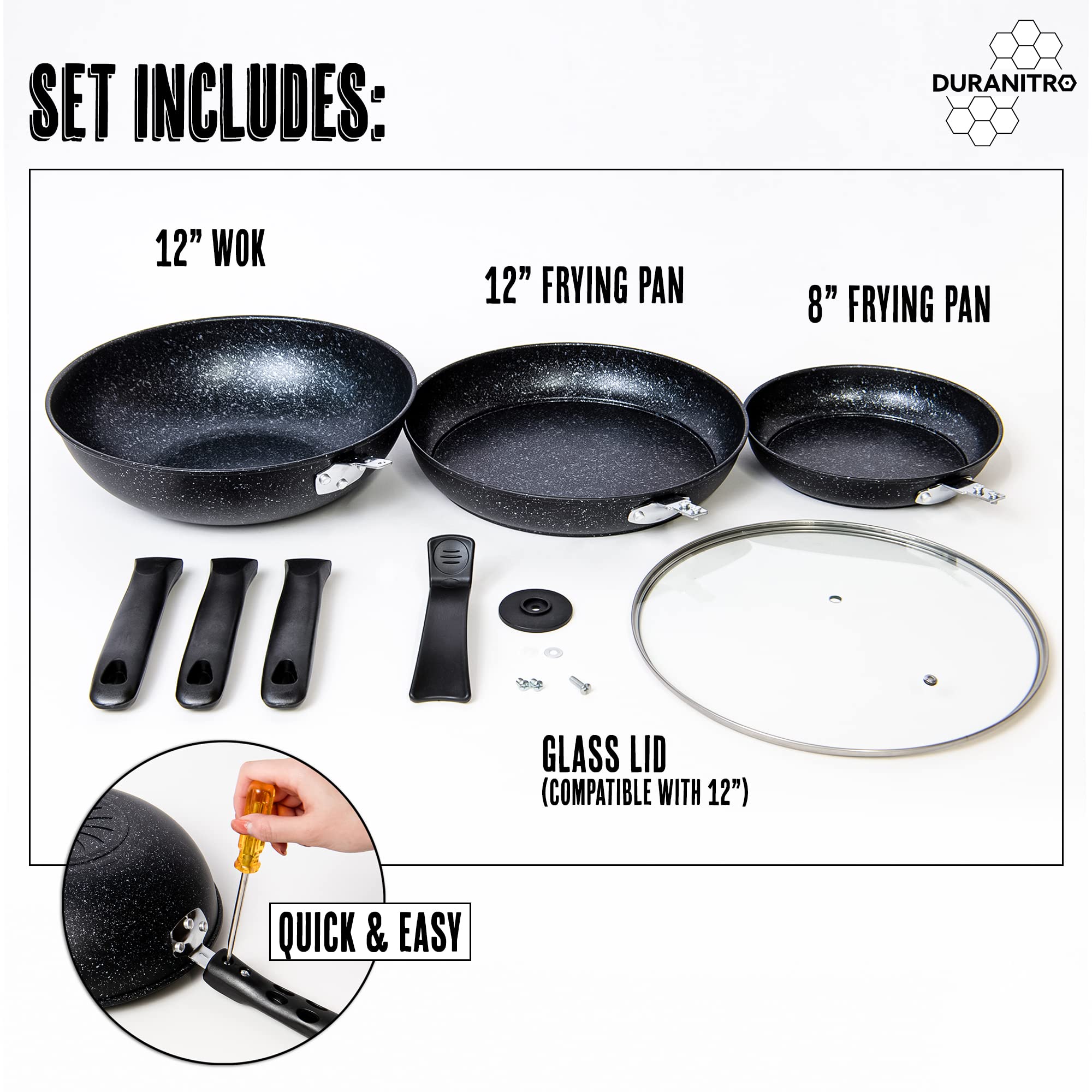 DURANITRO 4 Piece Nitrogen-Hardened Honeycomb Nonstick Carbon Steel 8” and 12” Frying Pans, 12” Wok, and 12” Glass Lid Cookware Set – Easy to Clean, Suitable for All Stovetops- GIFT INCLUDED