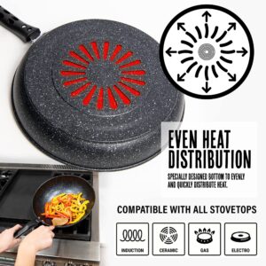 DURANITRO 4 Piece Nitrogen-Hardened Honeycomb Nonstick Carbon Steel 8” and 12” Frying Pans, 12” Wok, and 12” Glass Lid Cookware Set – Easy to Clean, Suitable for All Stovetops- GIFT INCLUDED