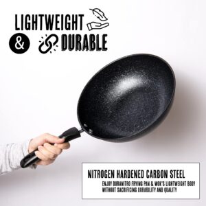 DURANITRO 4 Piece Nitrogen-Hardened Honeycomb Nonstick Carbon Steel 8” and 12” Frying Pans, 12” Wok, and 12” Glass Lid Cookware Set – Easy to Clean, Suitable for All Stovetops- GIFT INCLUDED