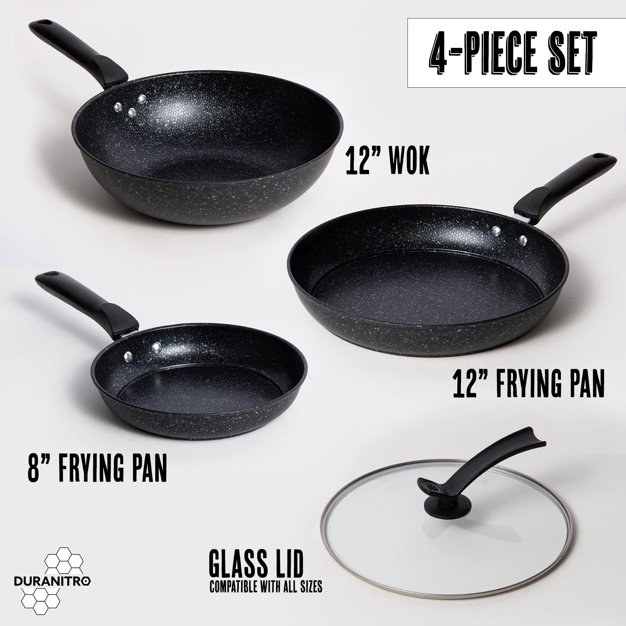 DURANITRO 4 Piece Nitrogen-Hardened Honeycomb Nonstick Carbon Steel 8” and 12” Frying Pans, 12” Wok, and 12” Glass Lid Cookware Set – Easy to Clean, Suitable for All Stovetops- GIFT INCLUDED