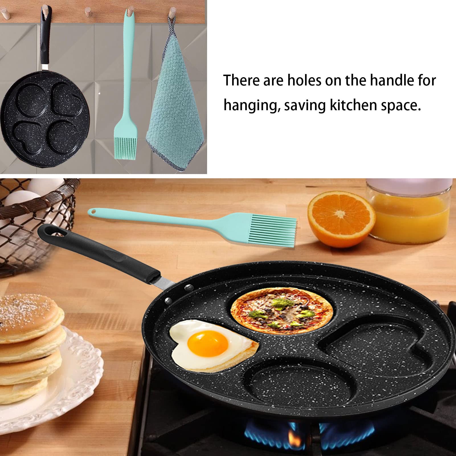 Rwoora Non Stick Frying Pans Romantic Heart Circle Egg Pan Multifunction Omelette Pan Breakfast Skillet Anti-scalding Handle Easy To Hang Complete with Oil Brush and Dishcloth