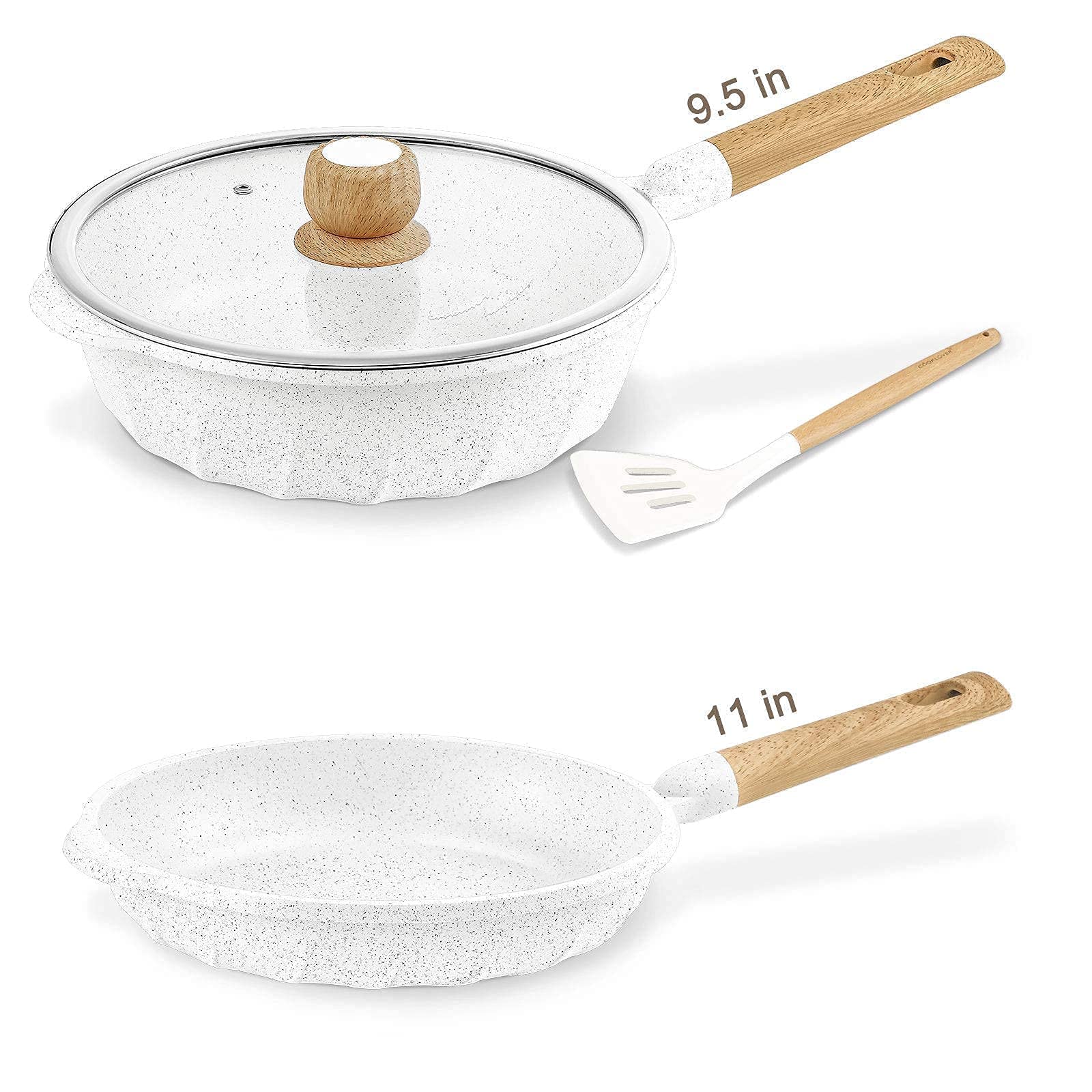 COOKLOVER Nonstick Frying Pan Induction Sauté Pan with Lid - 9.5 inch- White + Nonstick Frying Pan - 11inch- White