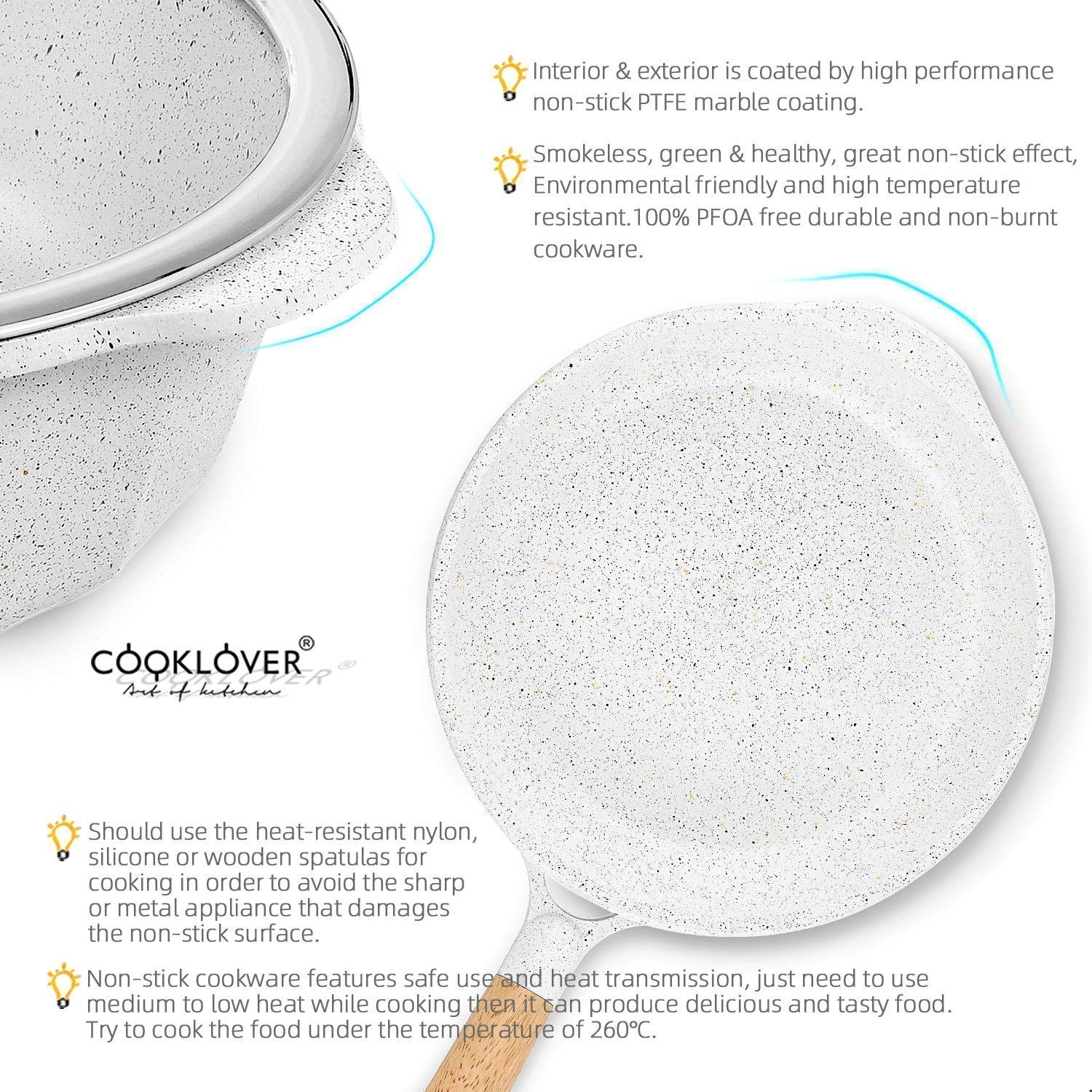 COOKLOVER Nonstick Frying Pan Induction Sauté Pan with Lid - 9.5 inch- White + Nonstick Frying Pan - 11inch- White