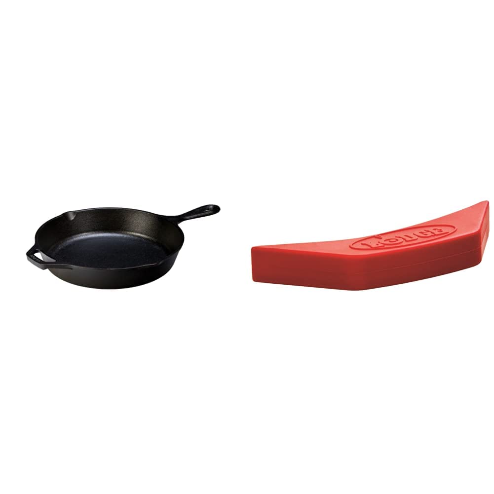 Lodge 10.25 Inch Cast Iron Pre-Seasoned Skillet – Signature Teardrop Handle - Use in the Oven, on the Stove, on the Grill, or Over a Campfire, Black & ASAHH41 Silicone Assist Handle Holder, Red