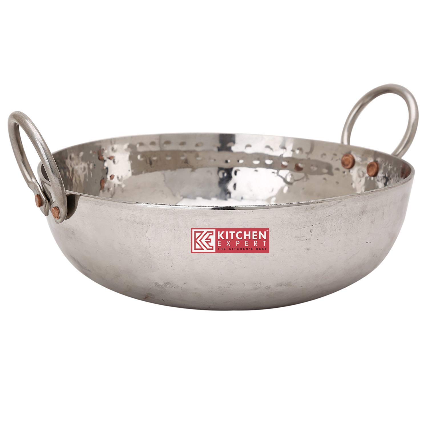 Kitchen Expert Stainless Steel Hammered Kadhai/Paella Pan For Cooking And Serving, 8 inch, 1 litre capacity (With Handles)