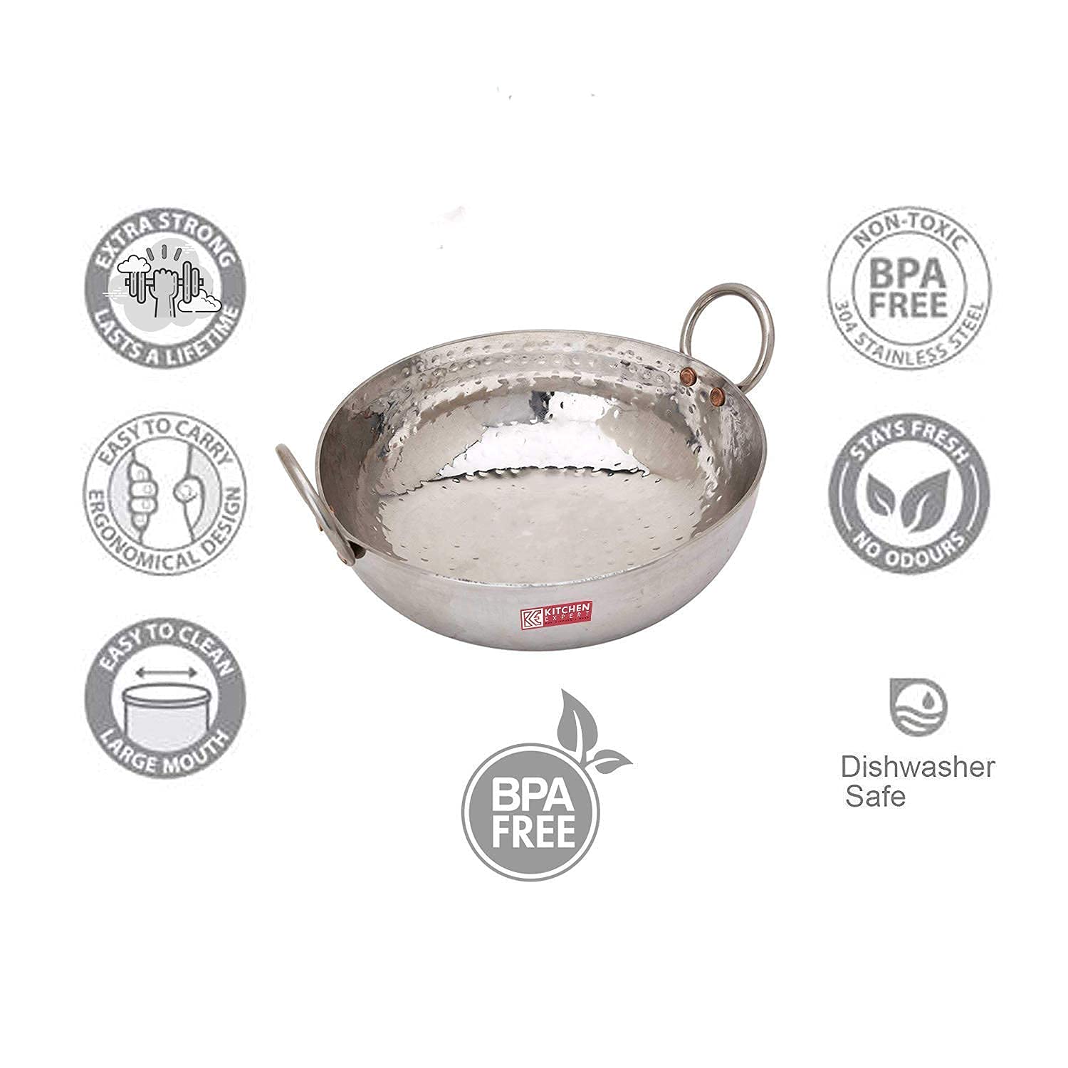 Kitchen Expert Stainless Steel Hammered Kadhai/Paella Pan For Cooking And Serving, 8 inch, 1 litre capacity (With Handles)